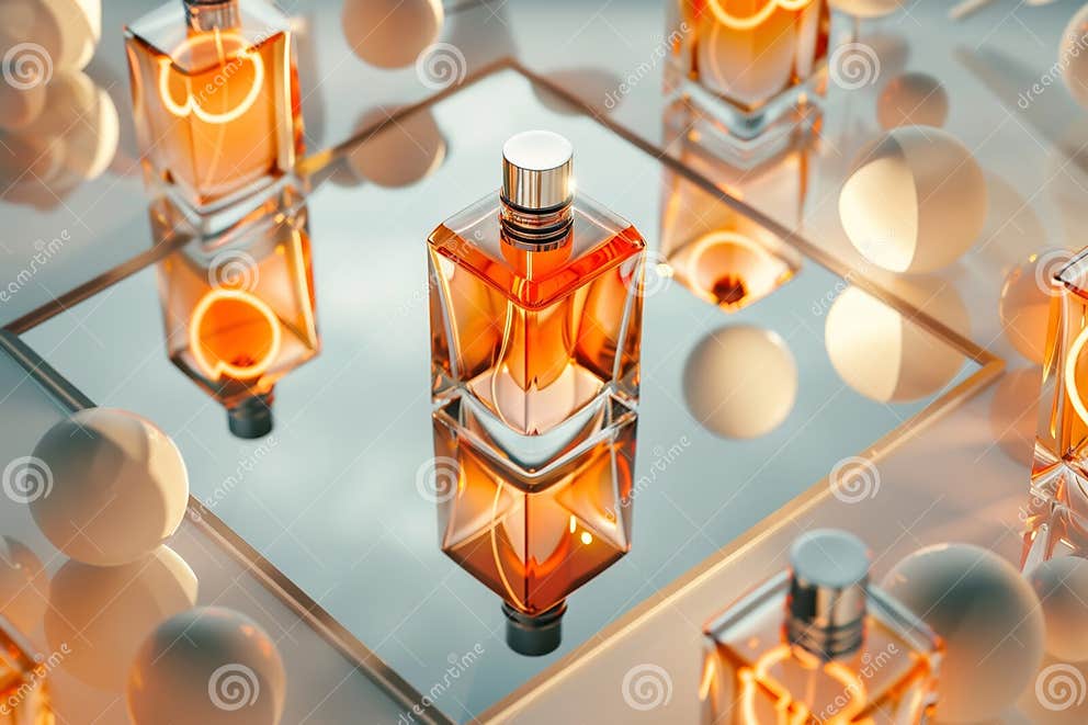 Perfume Bottle among Mirrors, Multiple Reflections, Top Angle, Bright ...