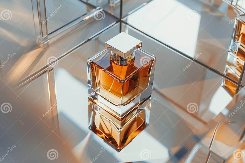Perfume Bottle among Mirrors, Multiple Reflections, Top Angle, Bright ...
