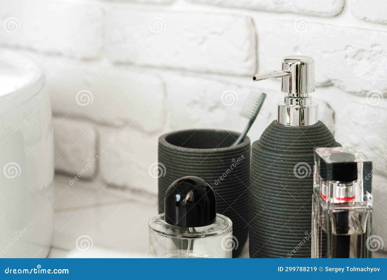 Perfume Bottle in a Modern Bathroom Close Up Stock Image - Image of ...
