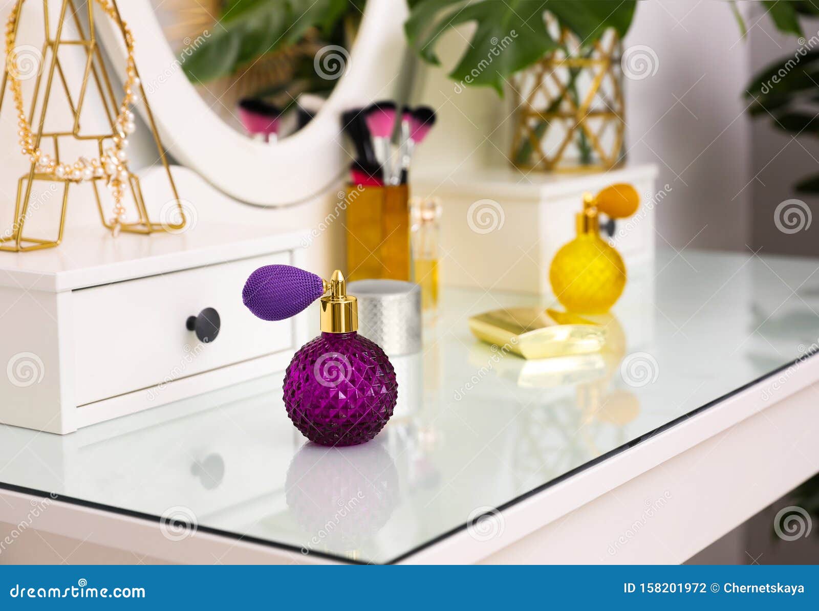 Perfume Bottle on Modern Dressing Table, Space for Text. Stylish Room ...