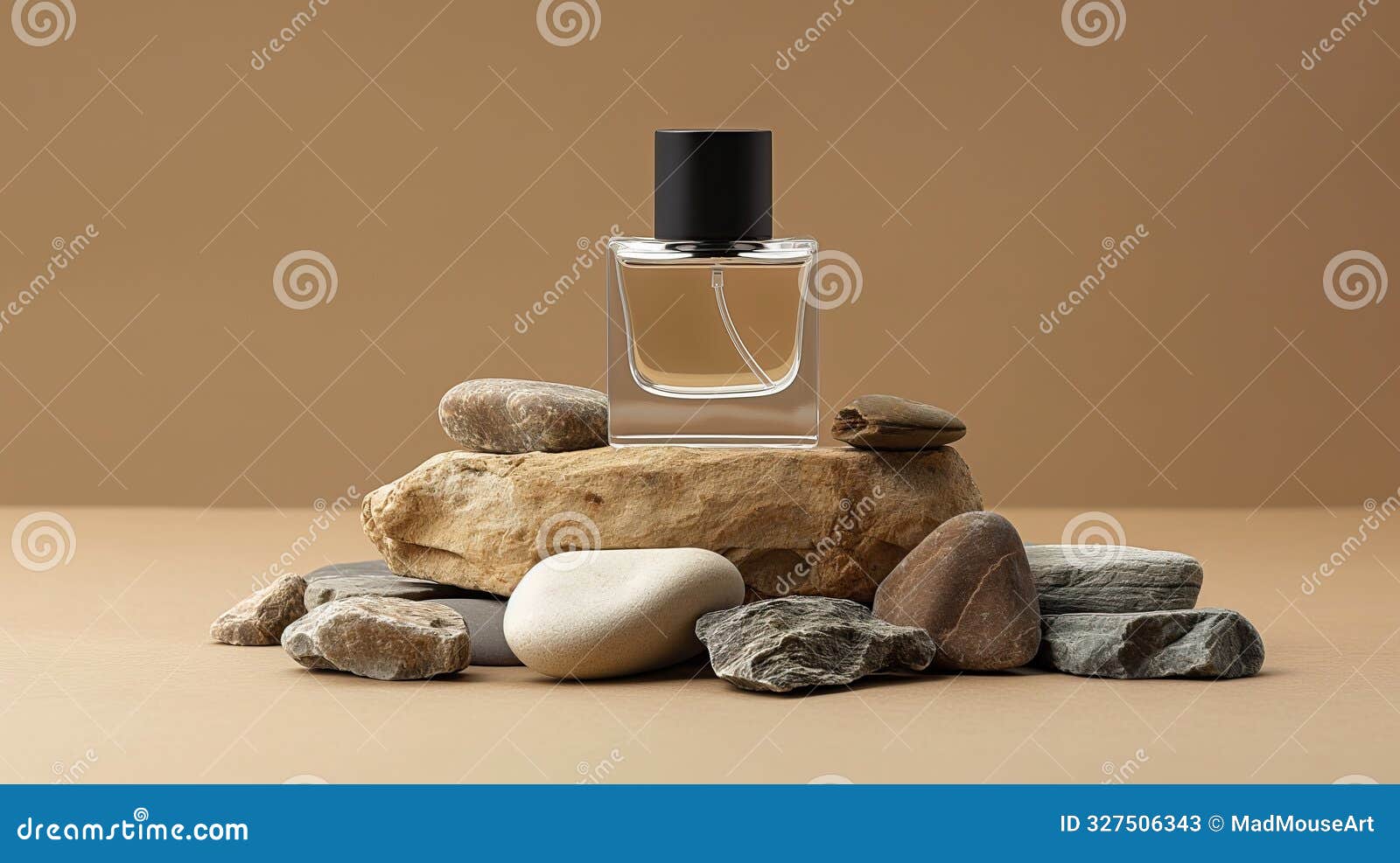 Perfume Bottle on a Pile of Stones on Beige Background Stock ...