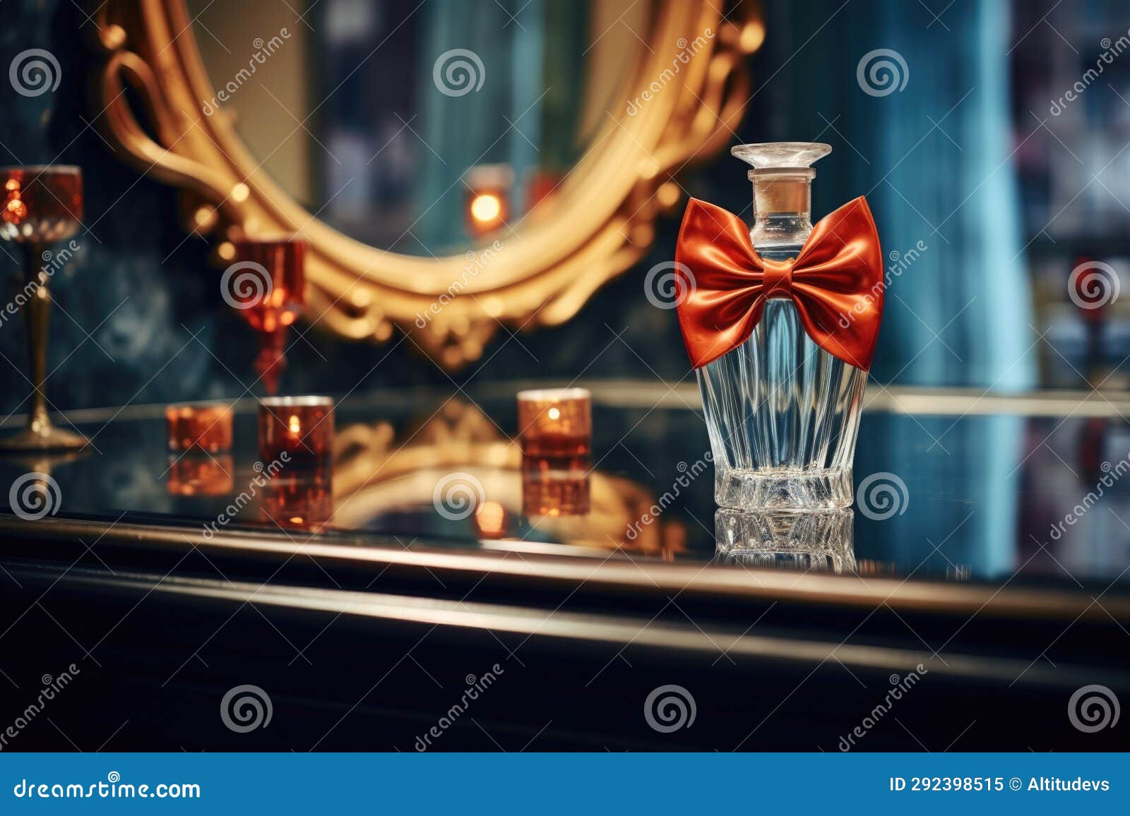 Perfume Bottle Placed on a Mirror, Bow Tie Reflecting in the Background ...