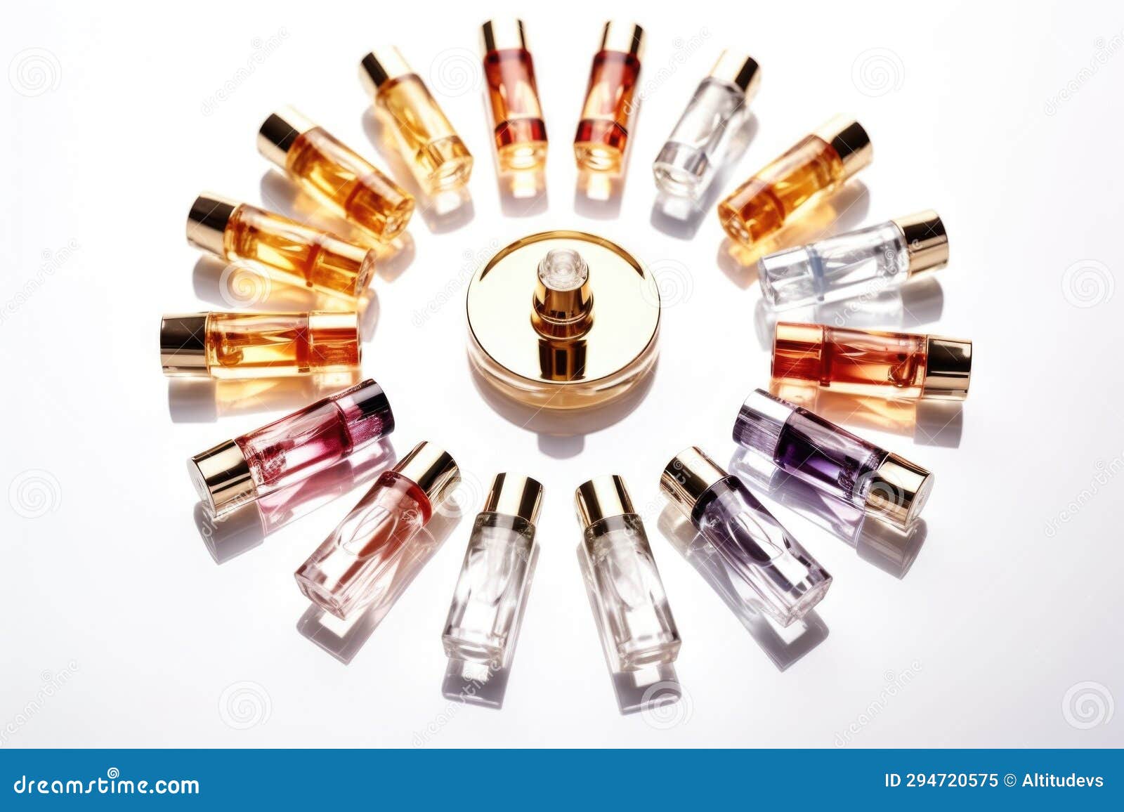 Perfume Bottles Arranged in a Circle on White Surface Stock Image ...