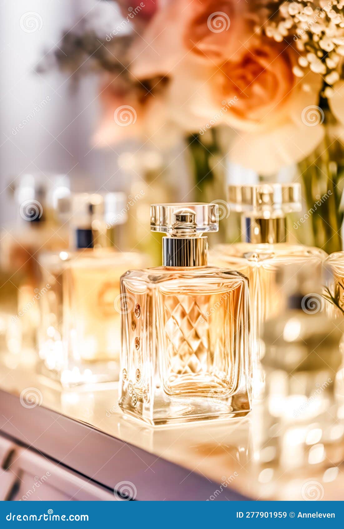 Perfume Bottles on a Luxury Vanity Table with Flowers. Generative AI ...