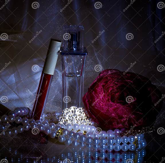 Perfume Bottles, Red Lipstick Stock Image - Image of femininity, glossy ...