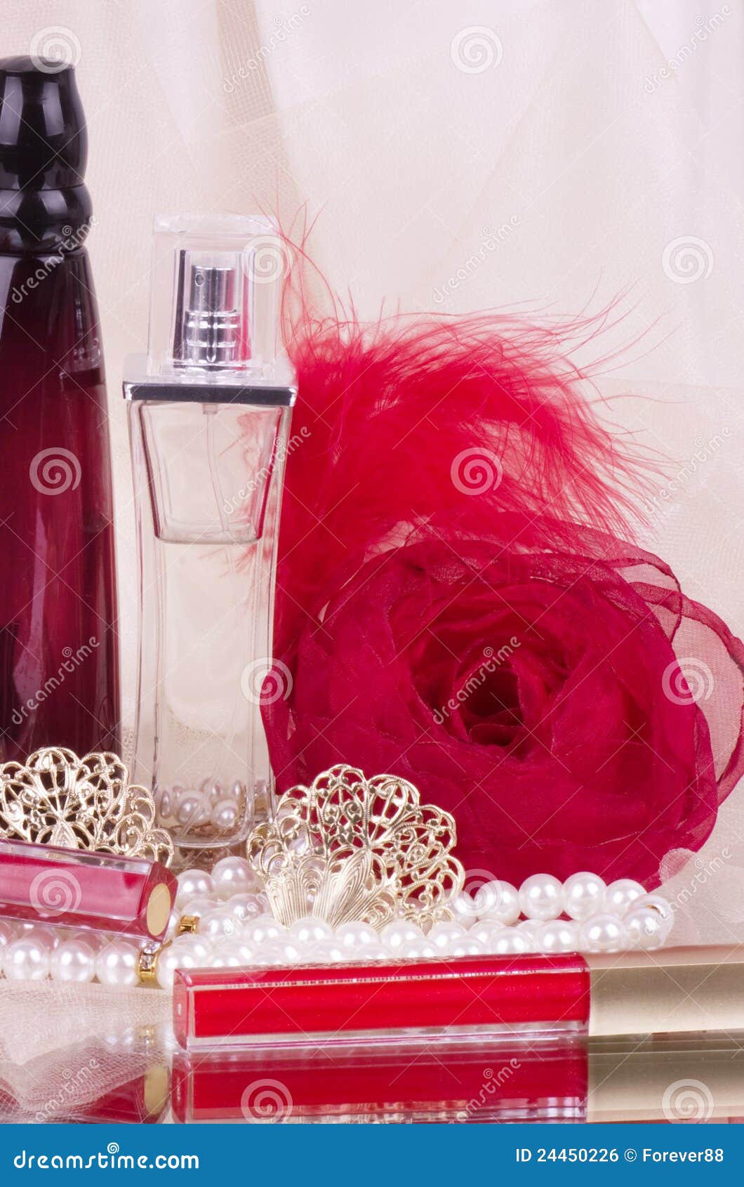 Perfume Bottles, Red Lipstick, Feather, Rose Stock Photo - Image of ...
