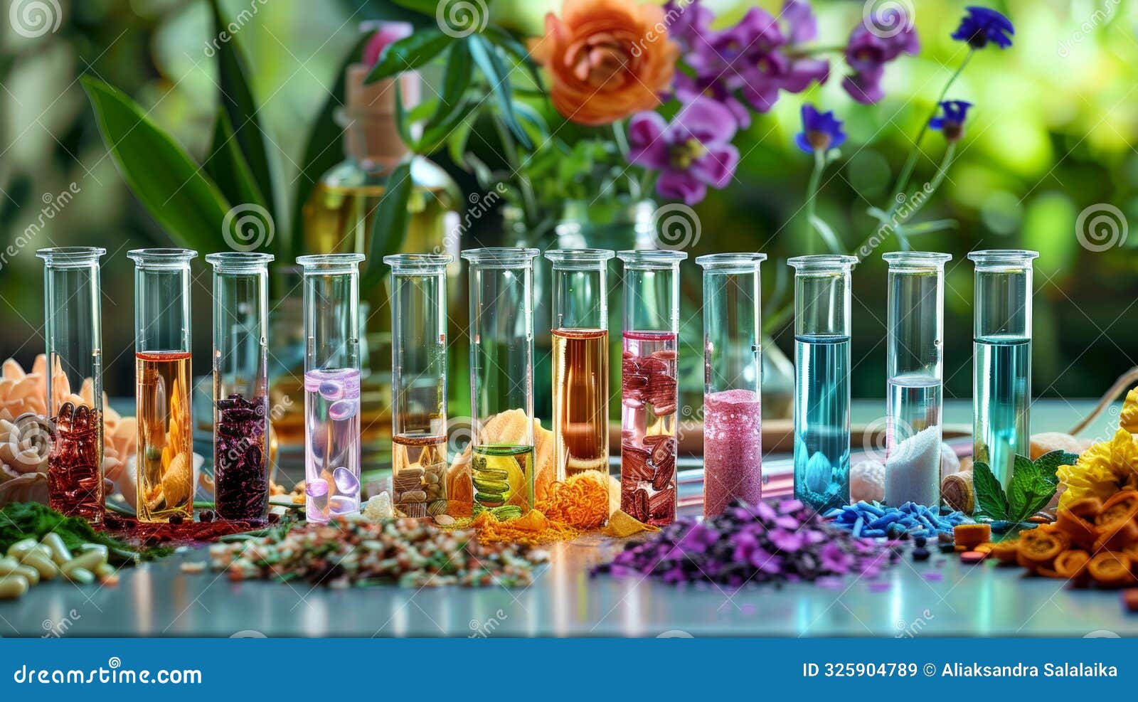 Perfume Making Process, Lab Table with Test Tubes Containing Colorful ...