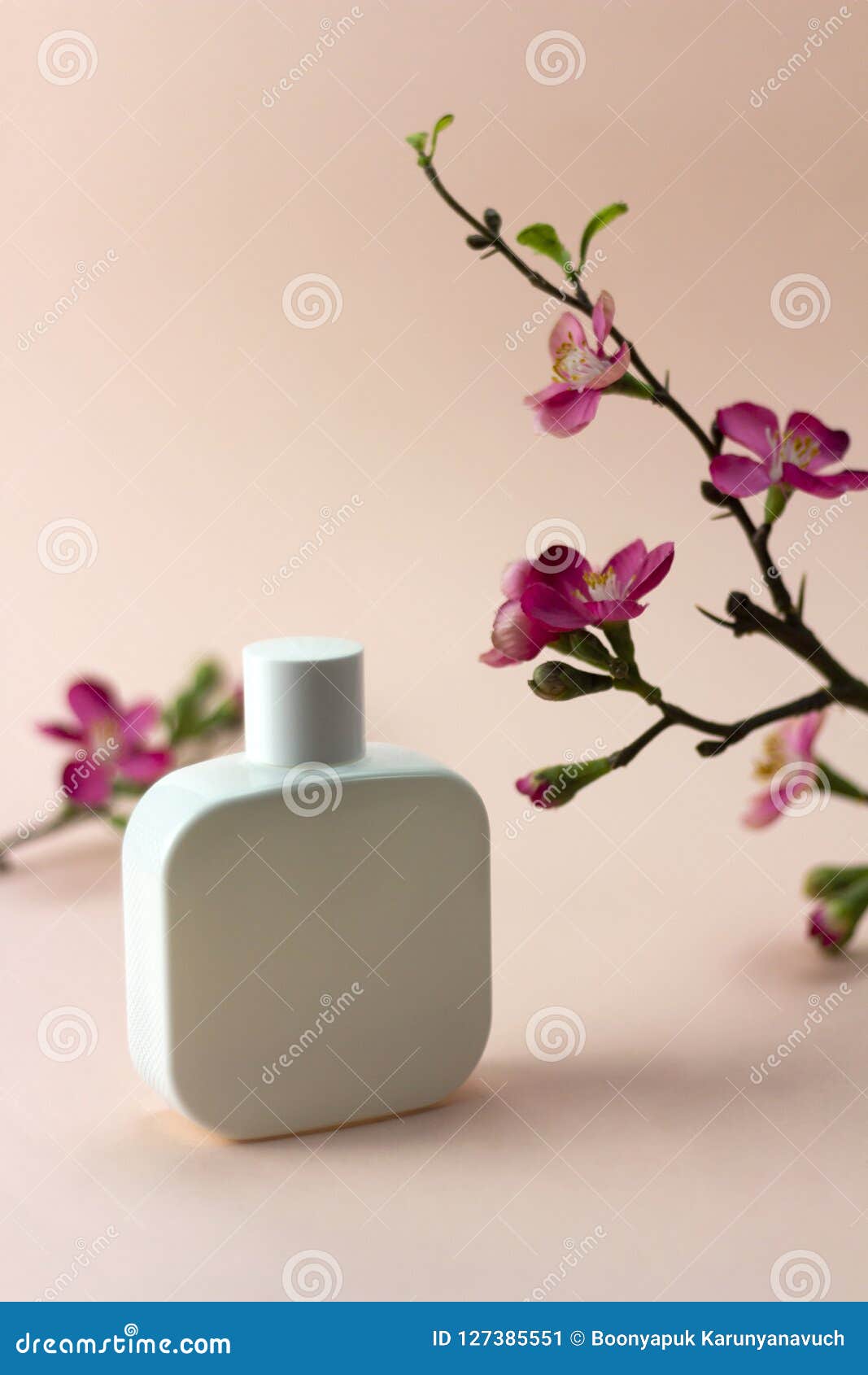 Perfume Package with Sakura Flowers on Pastel Pink Background Stock ...