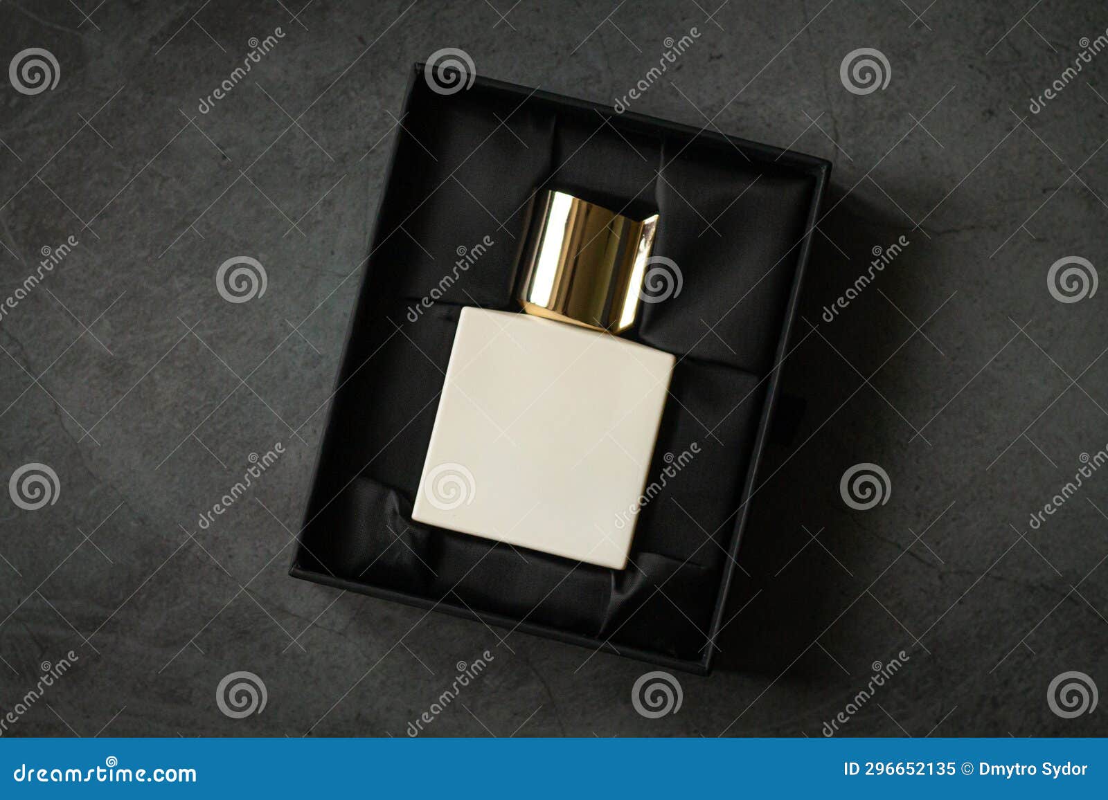 Perfume Square Bottle Mockup in Open Box Stock Image - Image of view ...