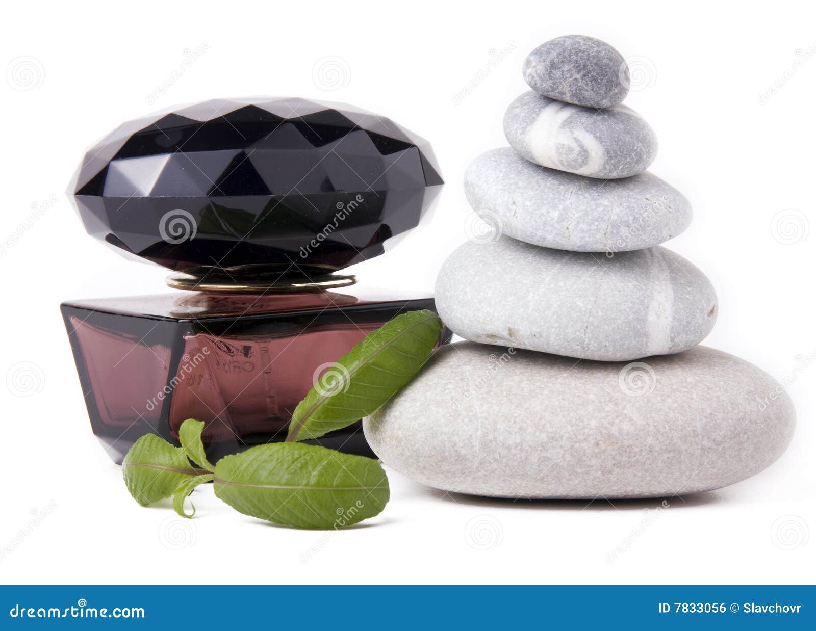 Perfume, Stones and Green Leafs Stock Photo - Image of order ...