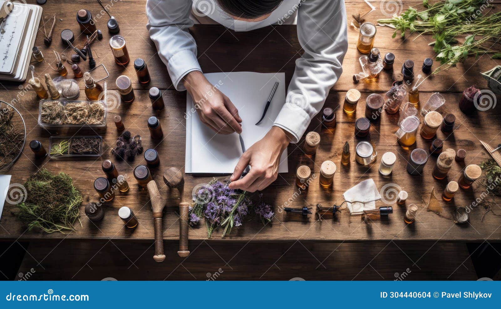 Perfumer at Work, Dropper Making Perfume in Glass Jar on Table. Table ...