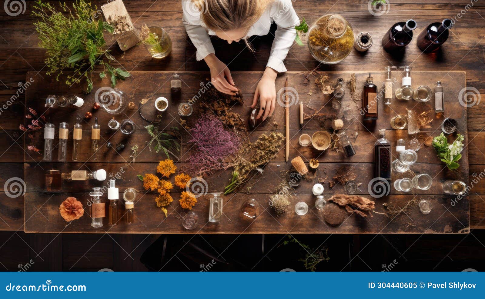 Perfumer at Work, Dropper Making Perfume in Glass Jar on Table. Table ...