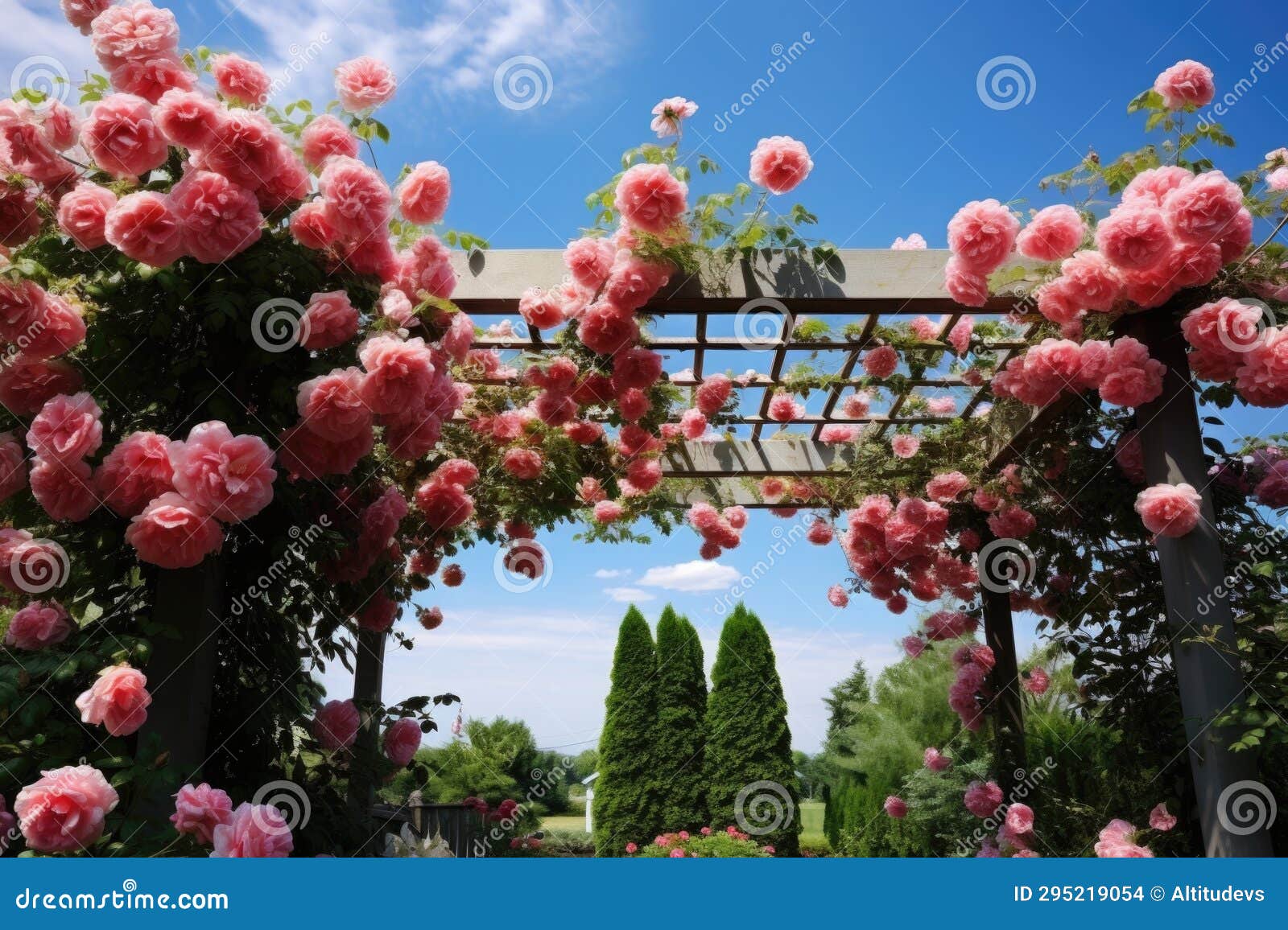 A Pergola with Climbing Roses in Full Bloom Stock Photo - Image of ...