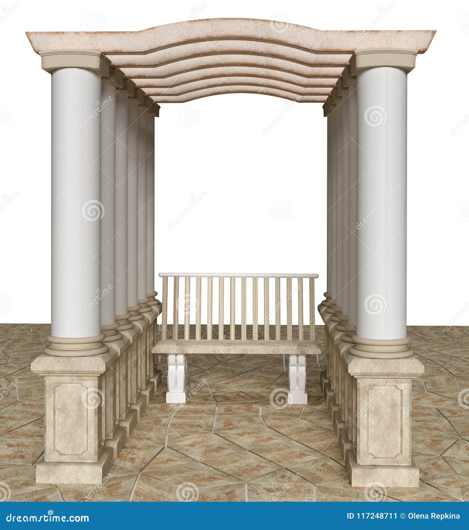 Pergola with Columns and a Bench 3D Rendering Stock Illustration ...