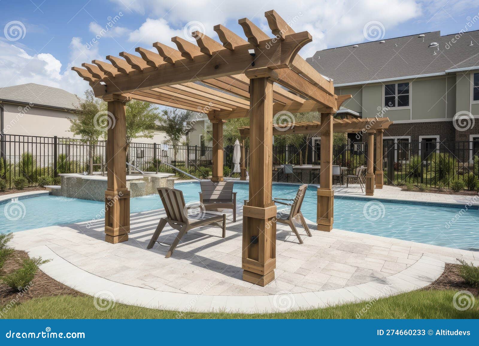 Pergola and Gazebo Over Pool Surrounded by Lounge Chairs Stock ...