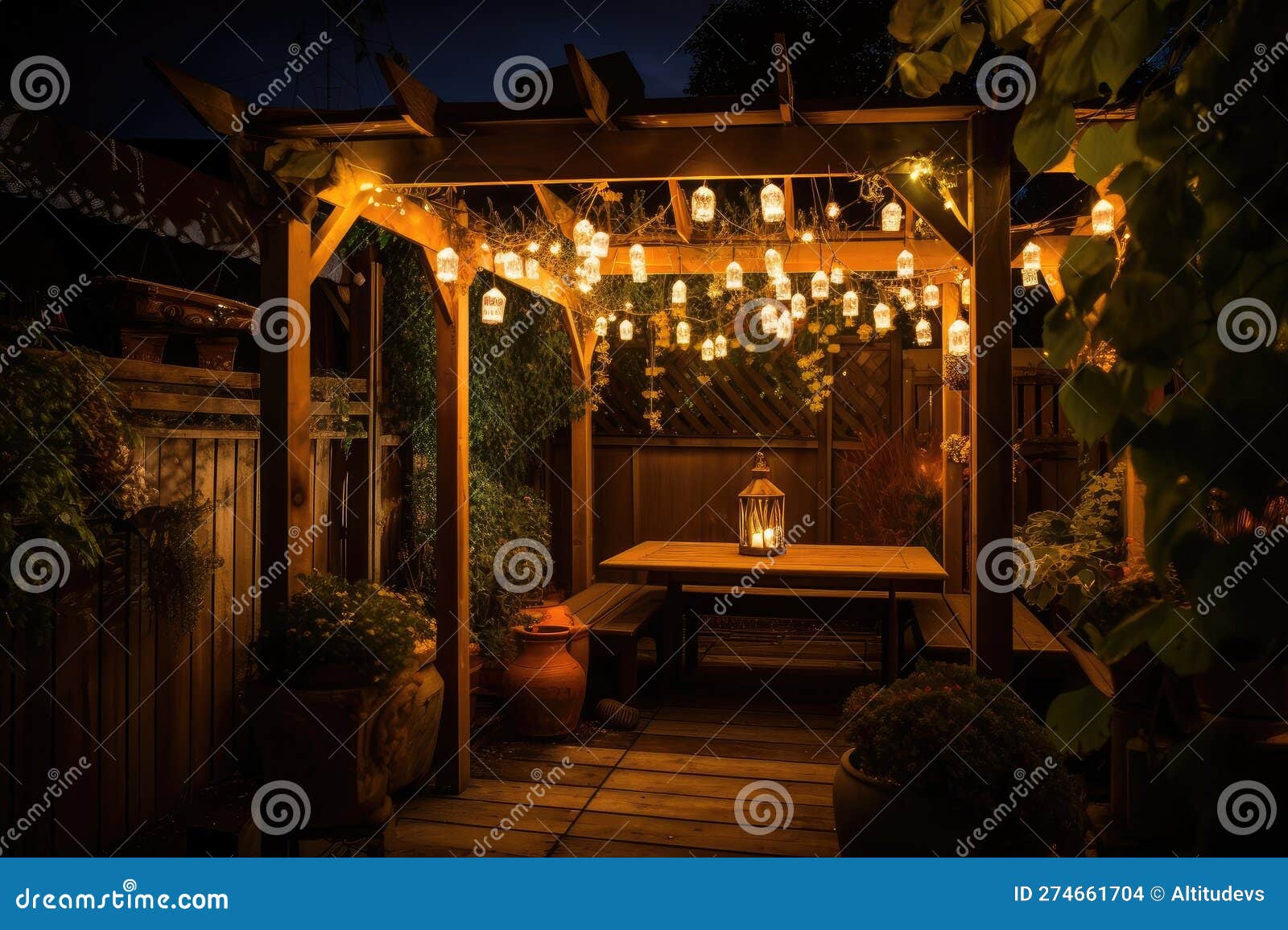 Pergola with Hanging Baskets and Lanterns, Lighting Up the Night Sky ...