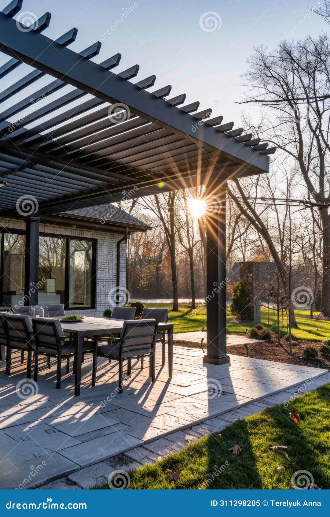 Pergola and Outdoor Dining Table on Patio Stock Image - Image of deck ...