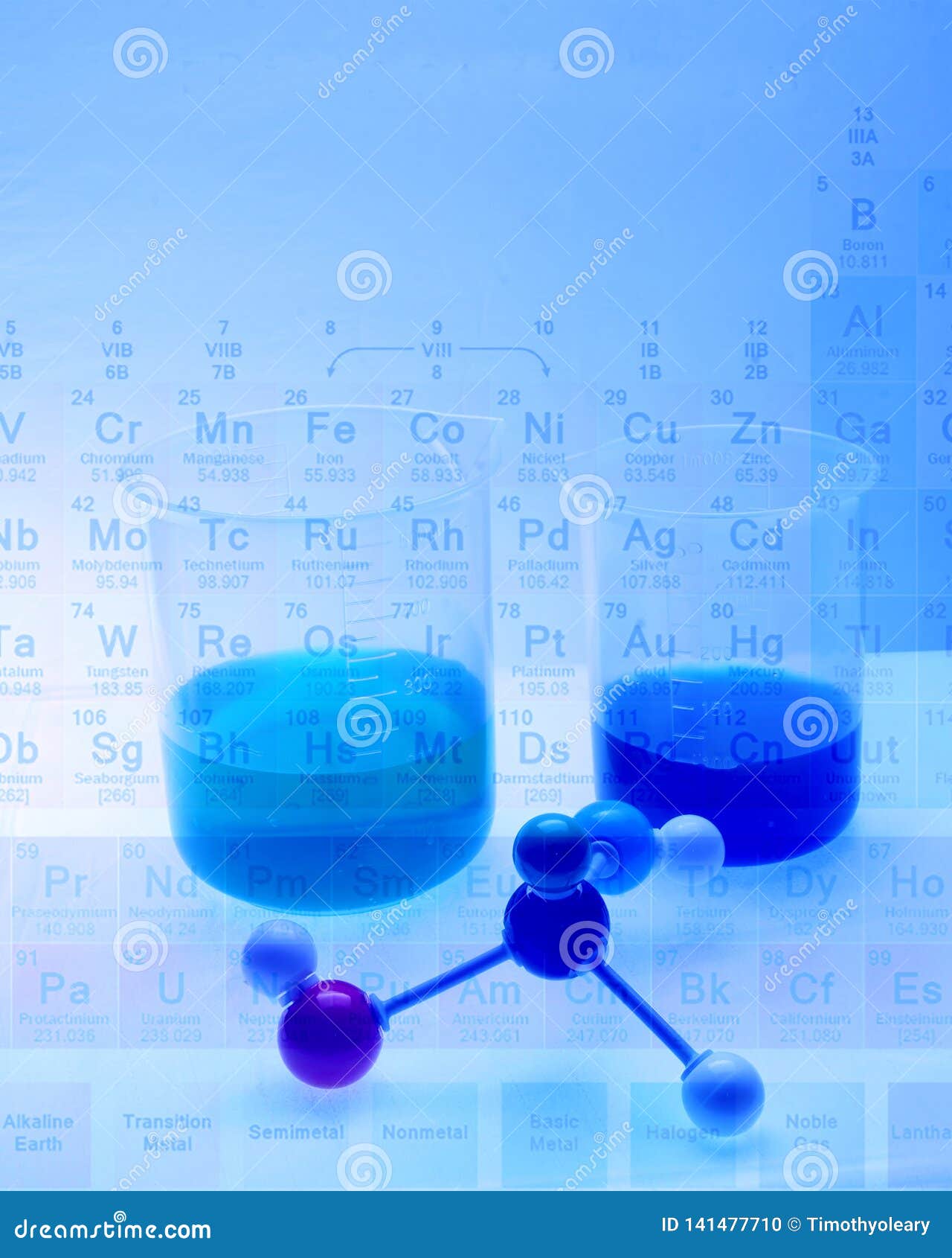 Periodic Table of Atomic Elements with Beakers and a Molecular Model ...