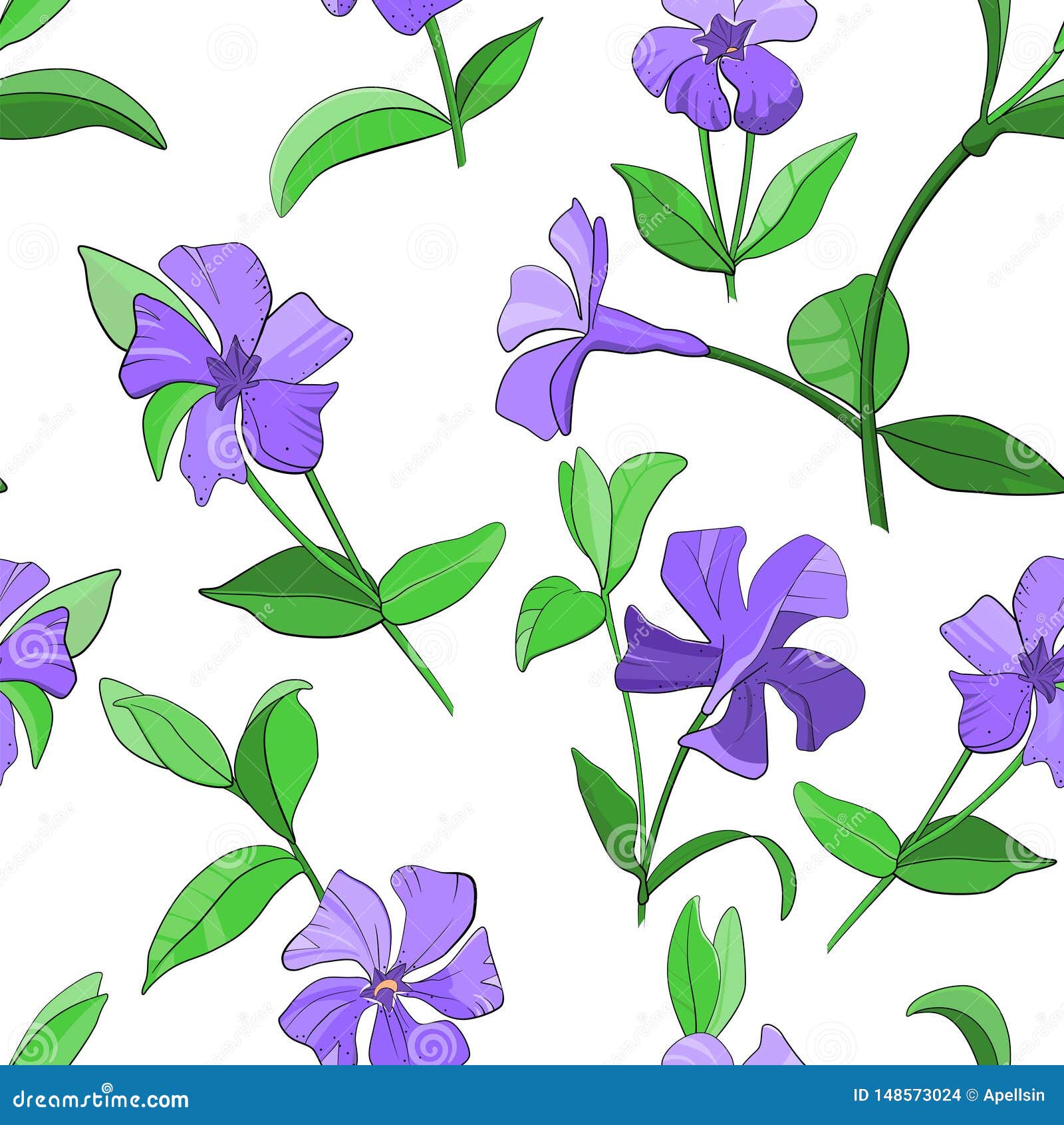 Periwinkle Flowers in Seamless Pattern Stock Vector - Illustration of ...