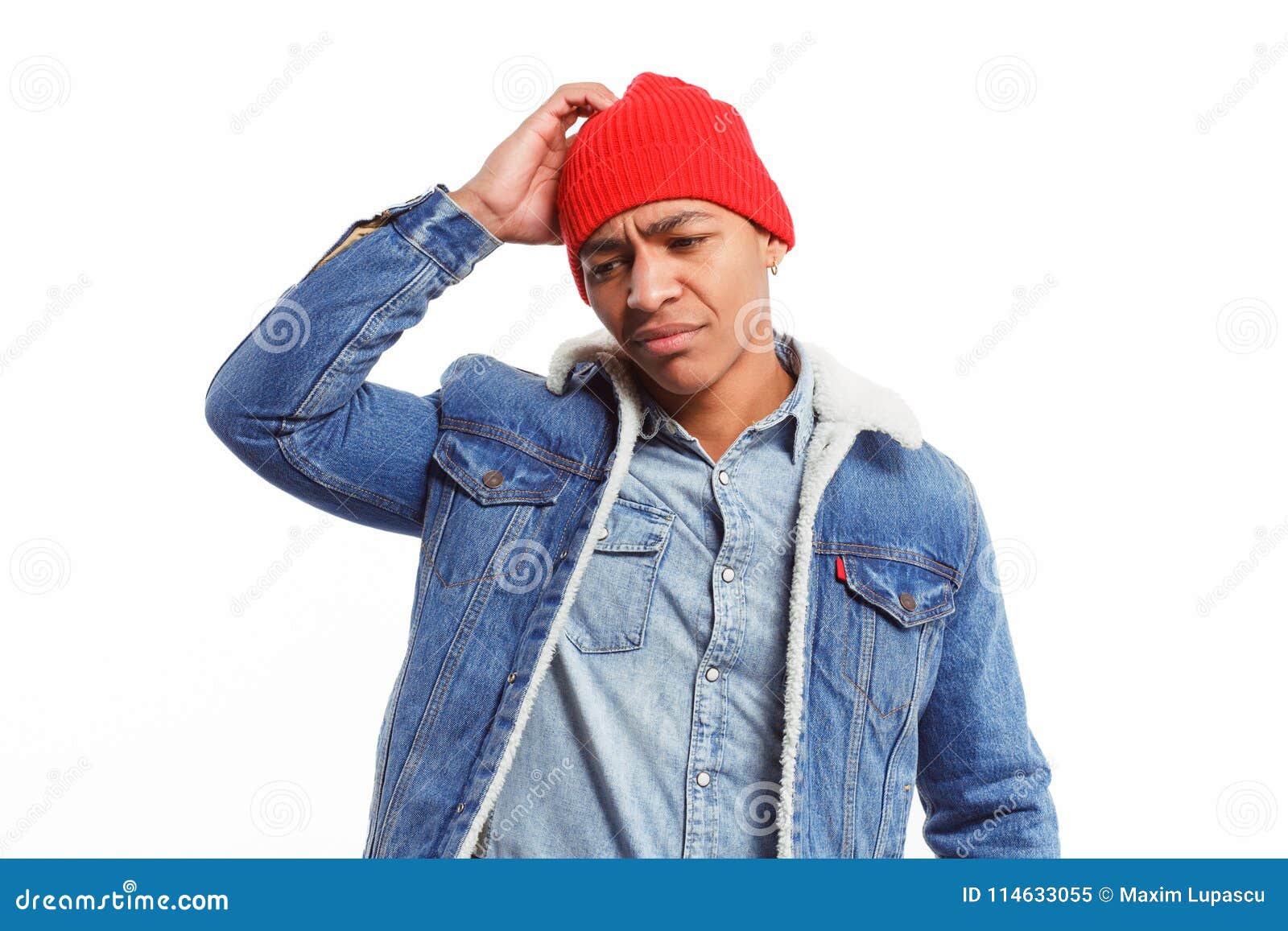 Perplexed Casual Guy on White Background Stock Image - Image of denim ...