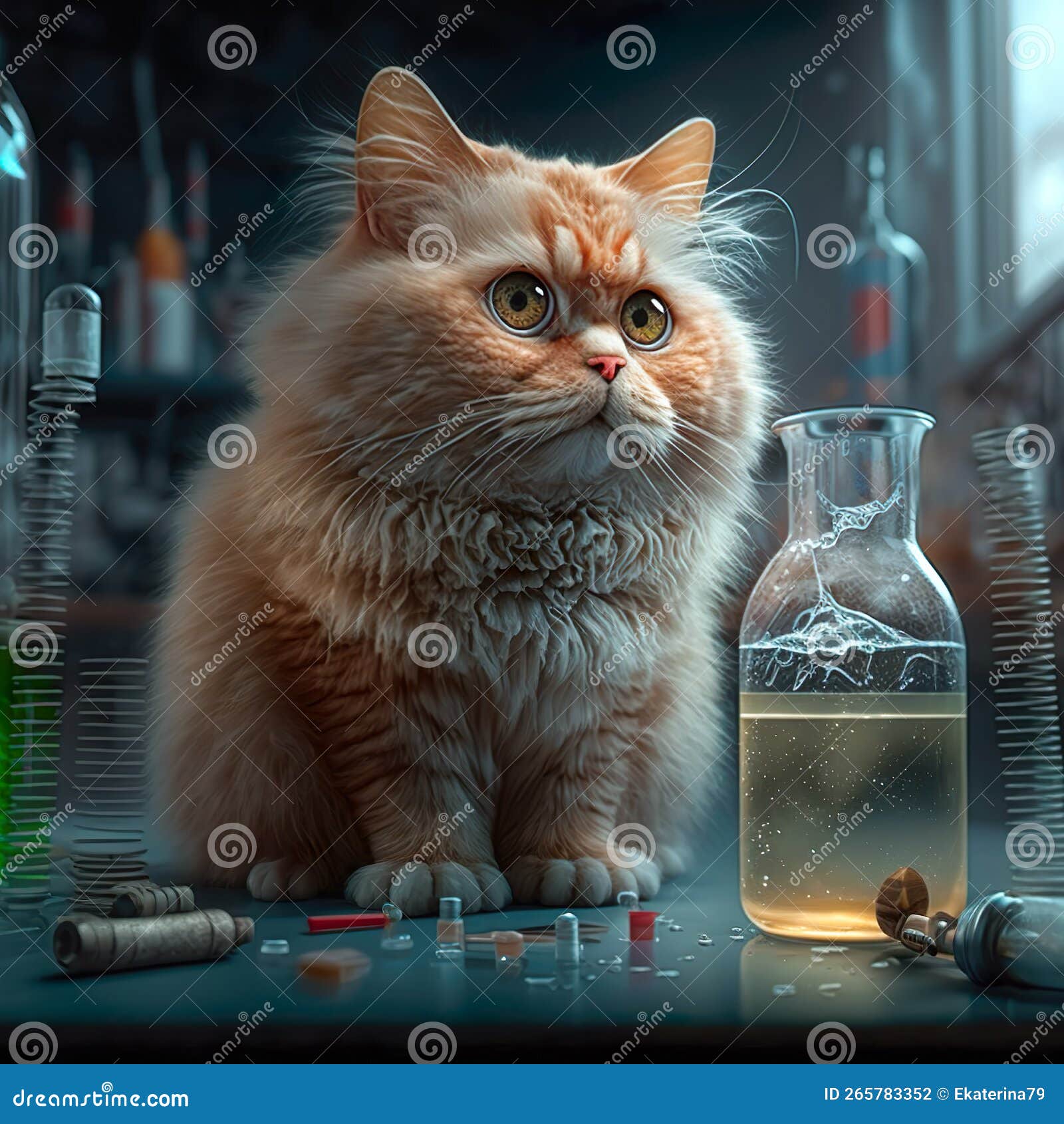 Perplexed Cat Sitting on a Laboratory Table Near a Flask of Yellow ...