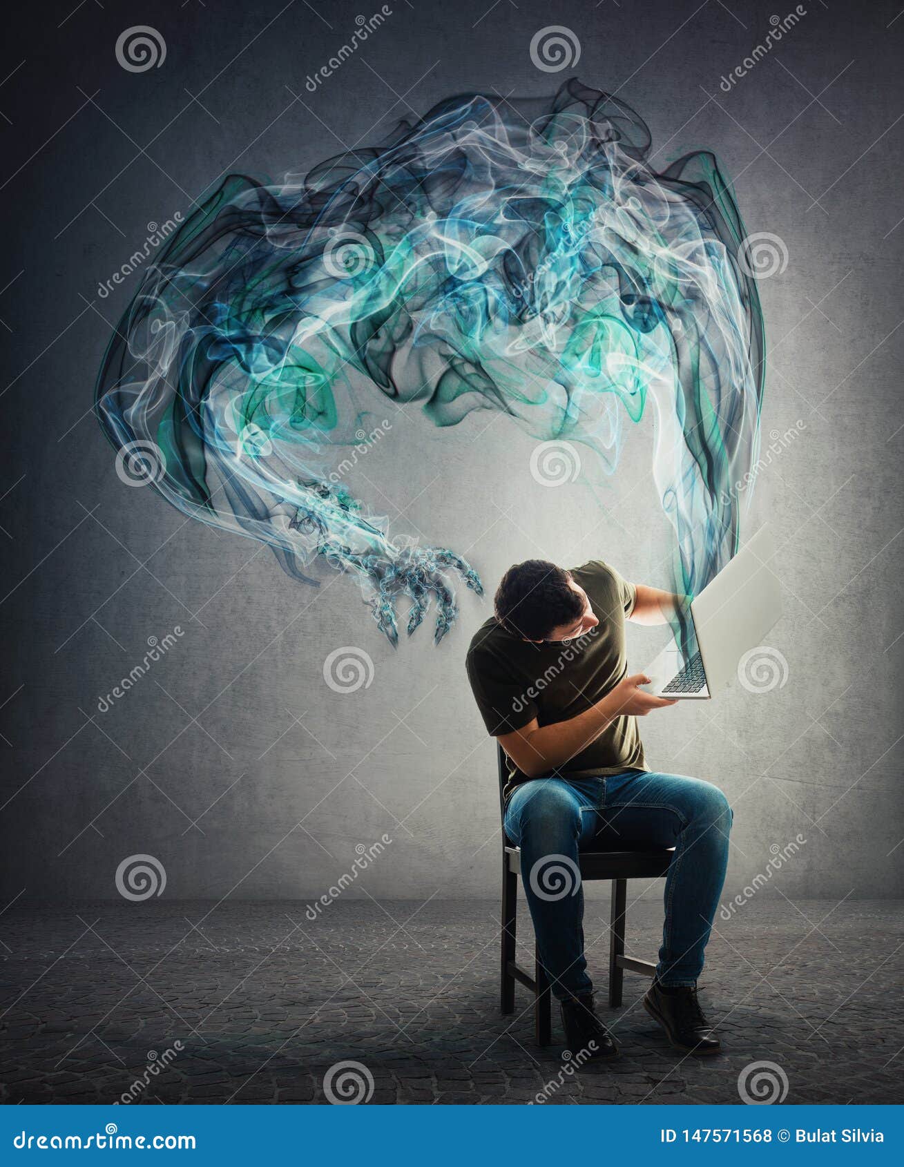 Perplexed Guy Seated Lifting His Laptop Looking To Fix Problems As Dark ...