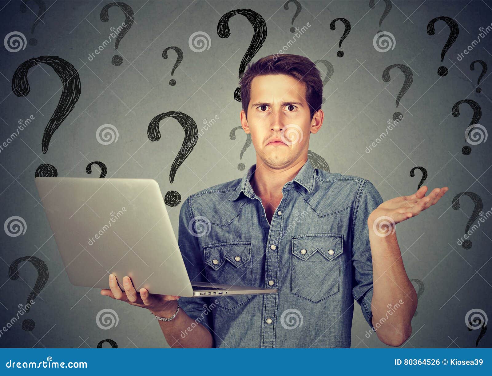 Perplexed Man with Laptop Many Questions and No Answer Stock Photo ...
