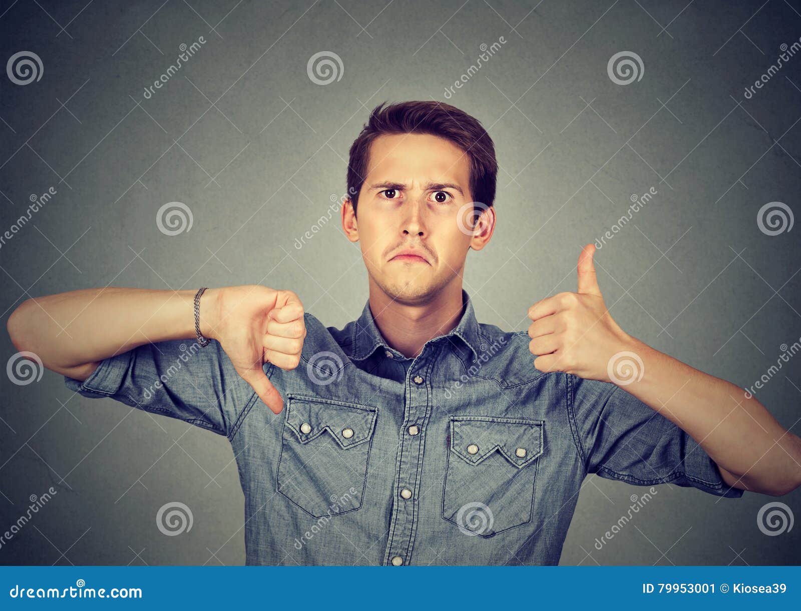 Perplexed Man with Thumbs Down Thumbs Up Gesture Stock Image - Image of ...