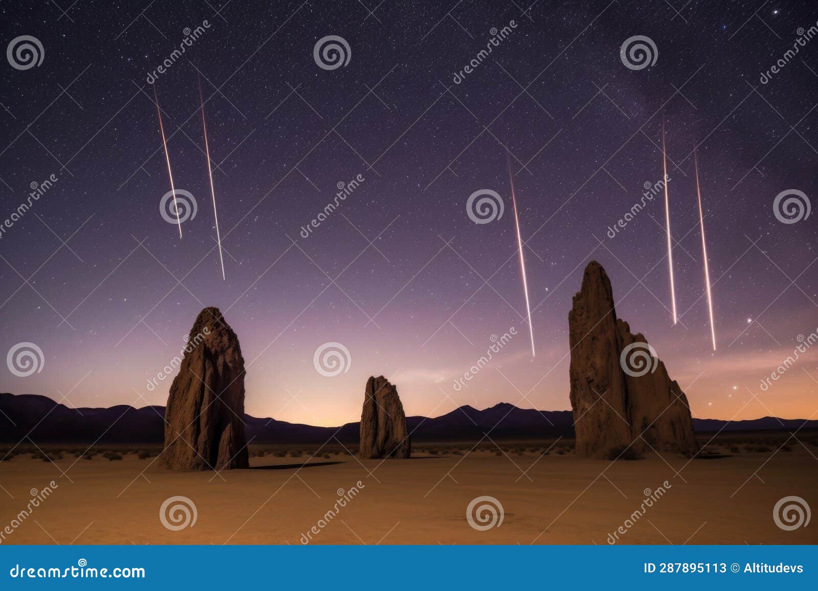 Perseid Meteors Over a Desert Landscape at Night Stock Illustration ...