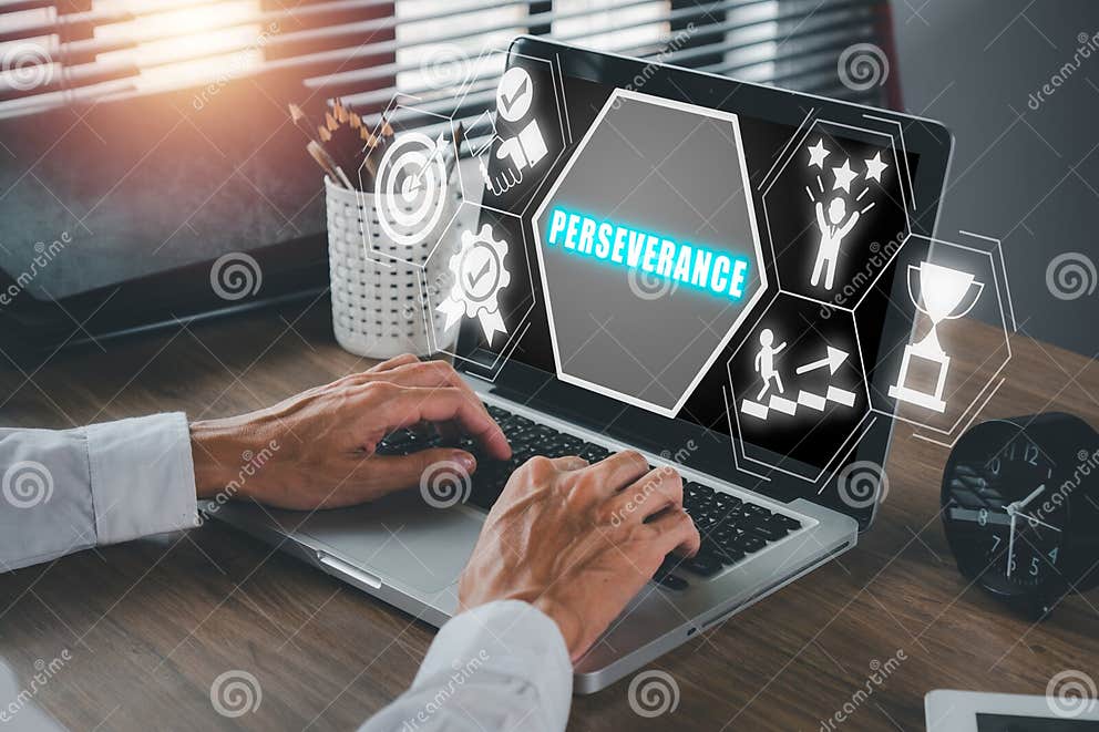 Businessman Working on Laptop Computer with Perseverance Icon on ...