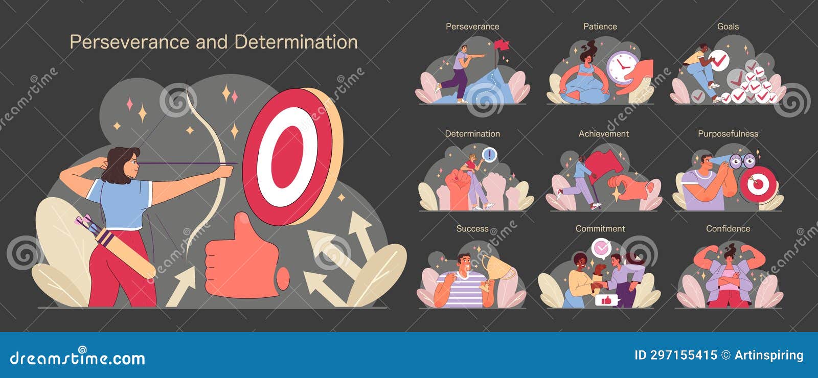 Perseverance and Determination Set. Flat Vector Illustration. Stock ...