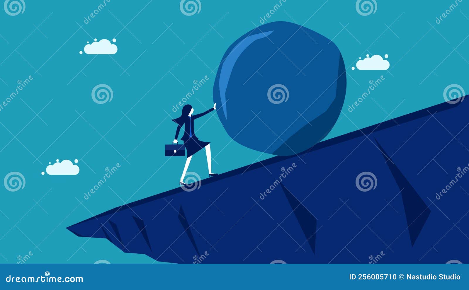 Perseverance and Hard Work. Businesswoman Pushing a Rock Up a Cliff ...