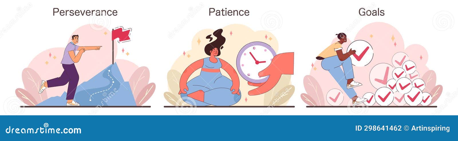 Perseverance, Patience and Goals Set. Flat Vector Illustration. Stock ...