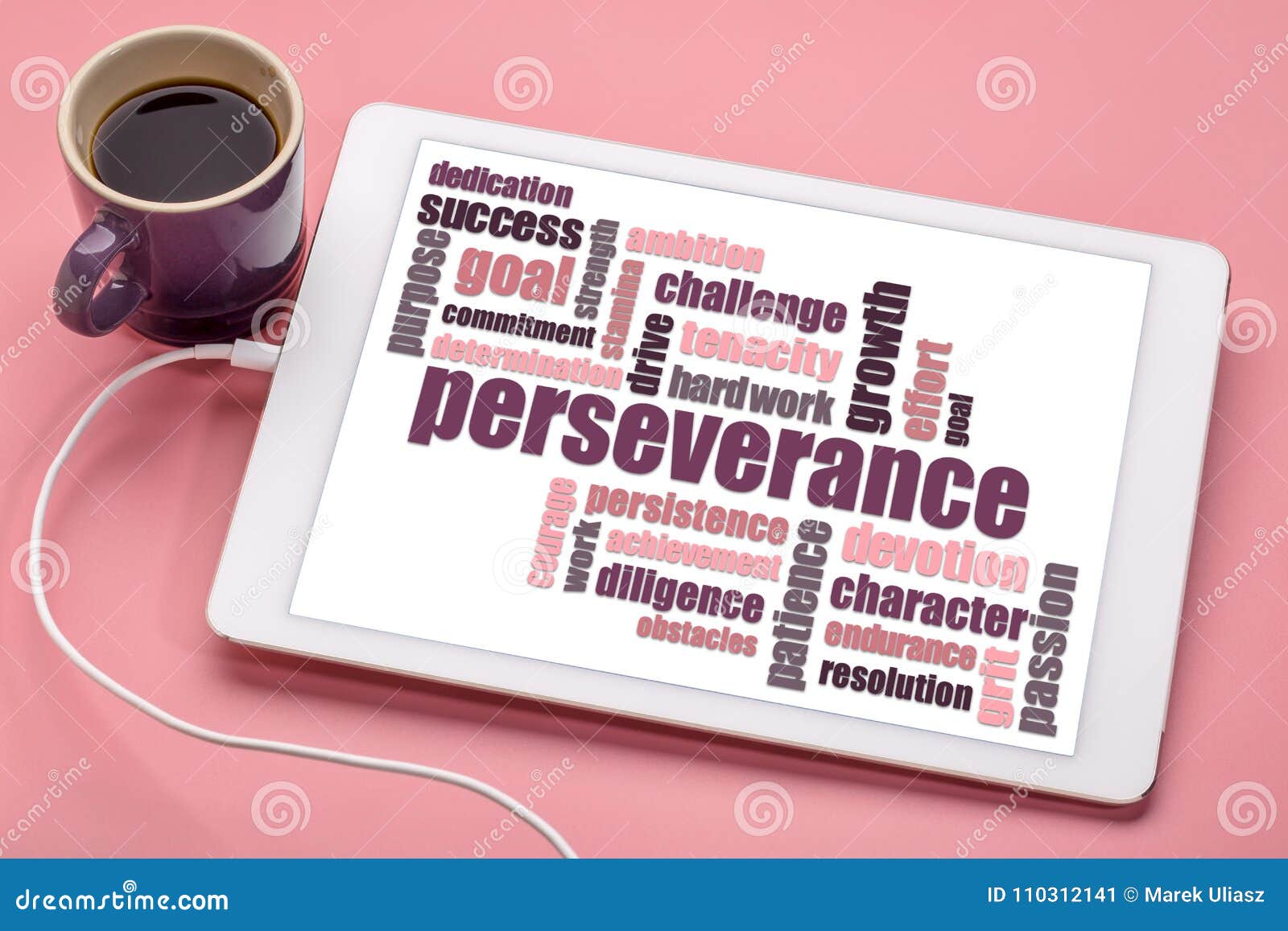 Perseverance Word Cloud on Tablet Stock Image - Image of work, wood ...