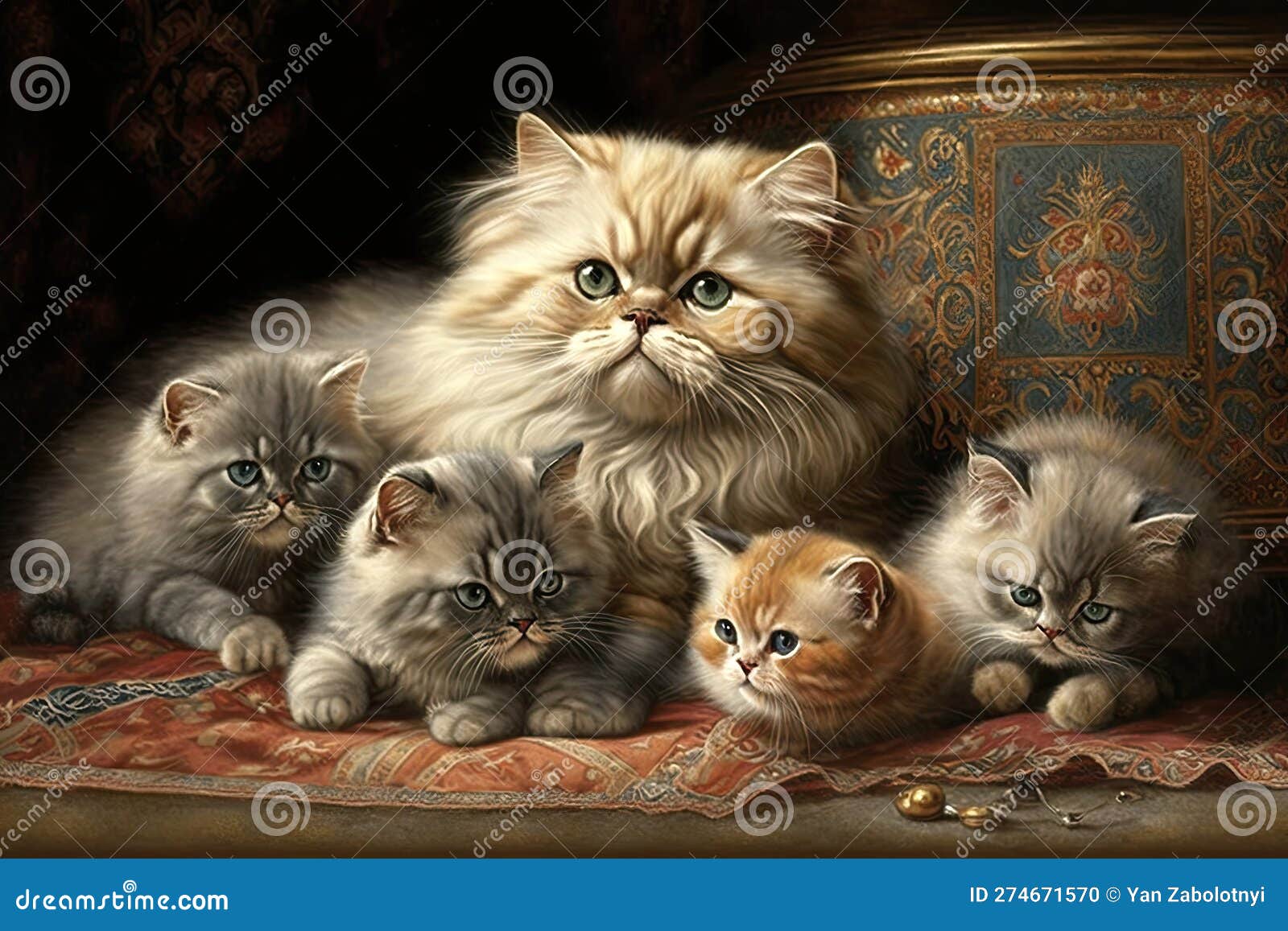 Persian Cat with Four Kittens Lying on the Floor. Generative AI Stock ...