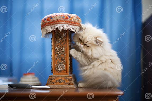 Persian Cat Grooming Itself on the Base of a Cat Tree Stock Image ...