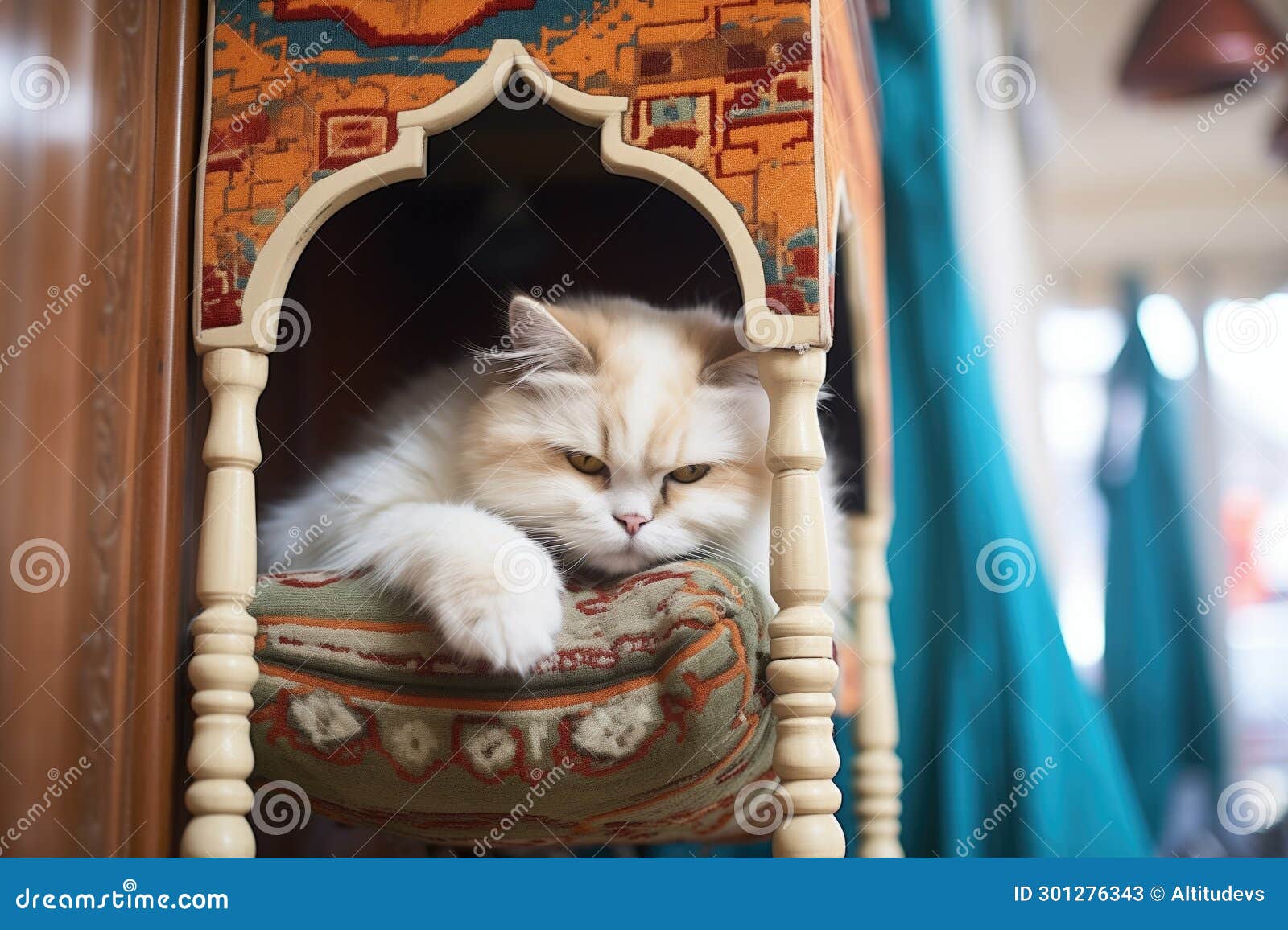Persian Cat Sleeping within an Enclosed Cubby of a Cat Tree Stock Image ...