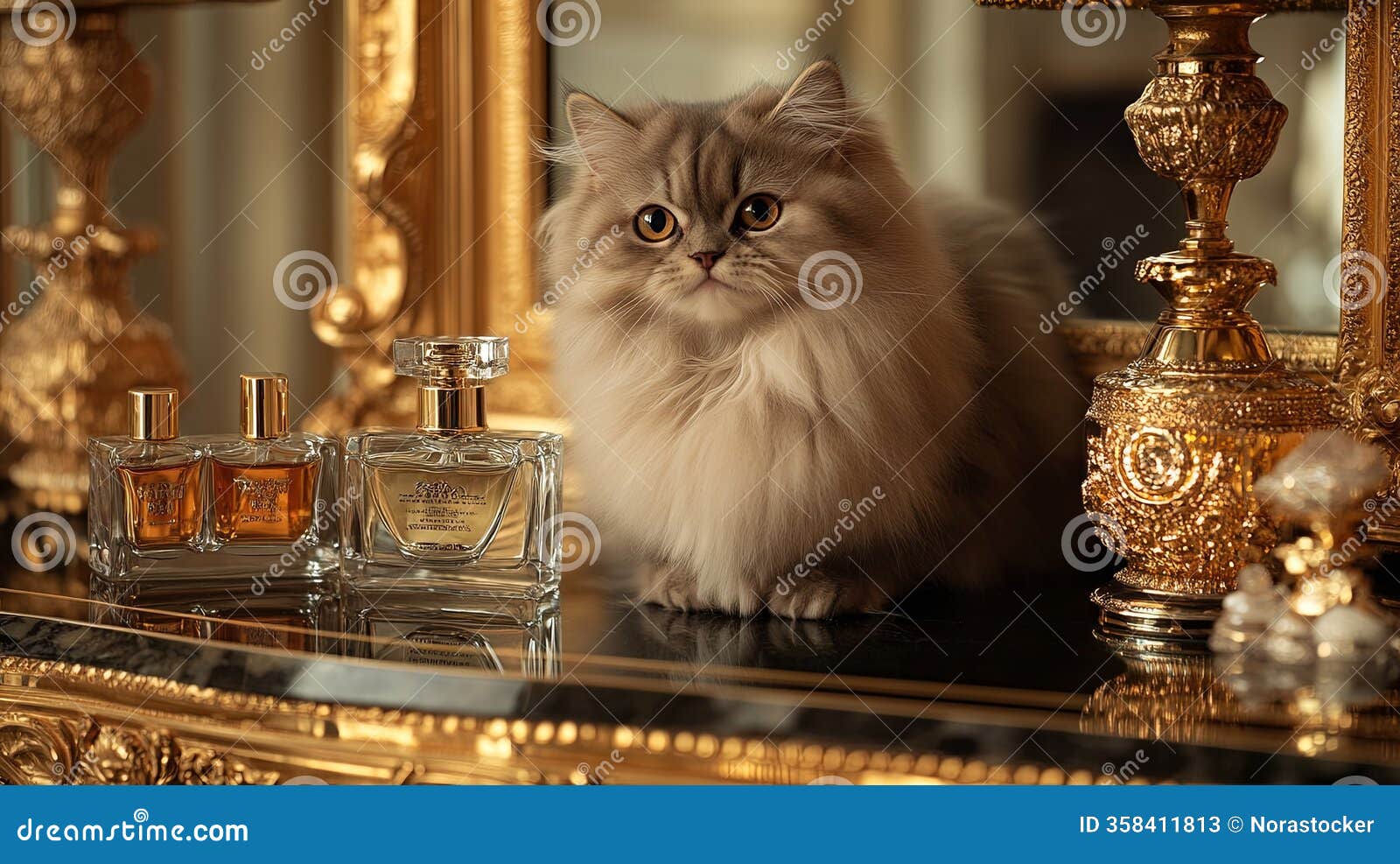 A Persian Cat beside a Vanity Table with Luxury Perfumes. Picture Stock ...
