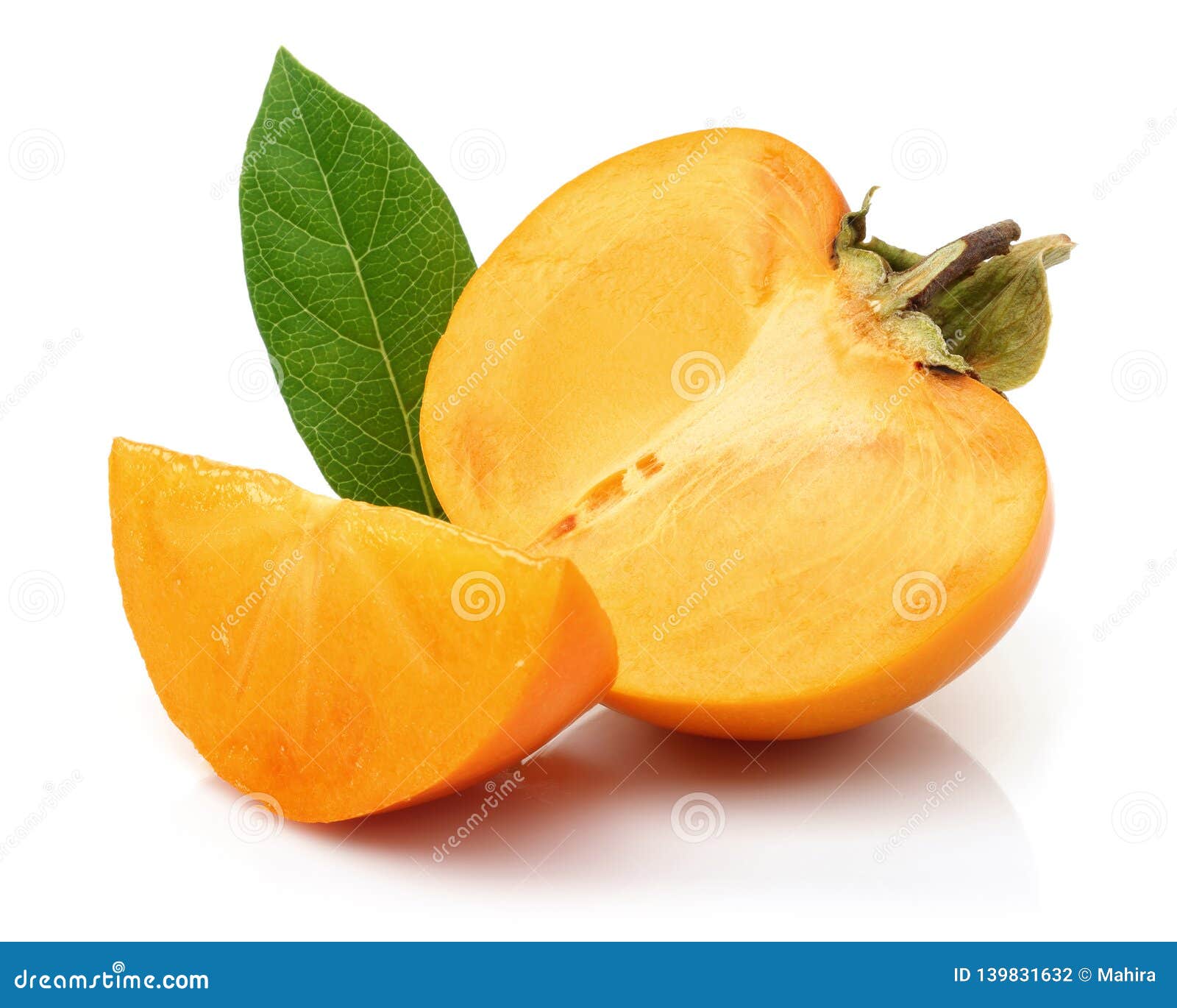 Persimmon Fruit with Slice and Leaf Isolated Stock Photo - Image of ...