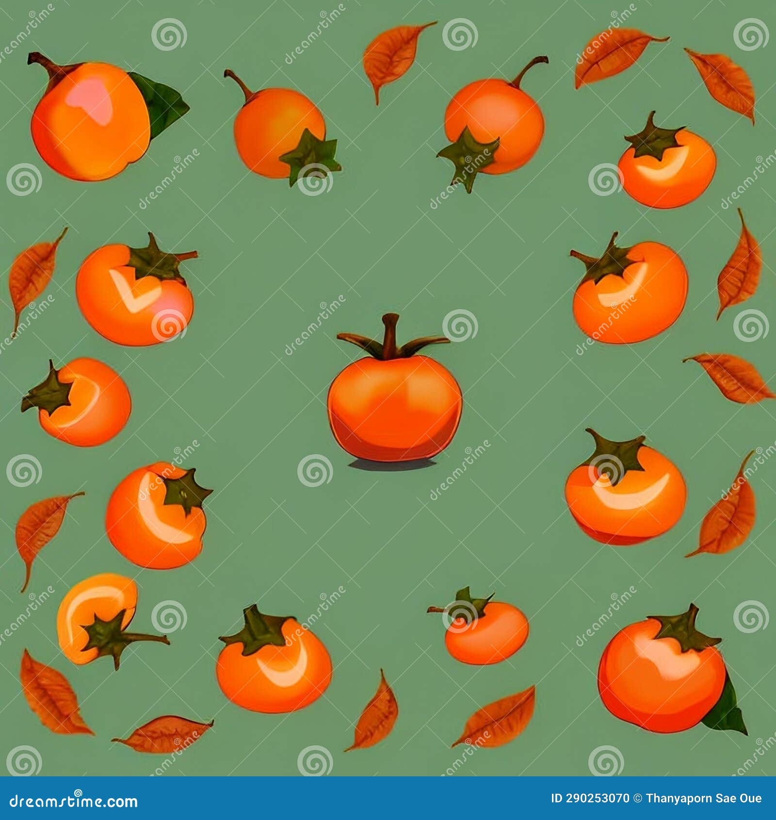 Persimmon Fruits and Leaves Seamless Pattern on Green Background ...