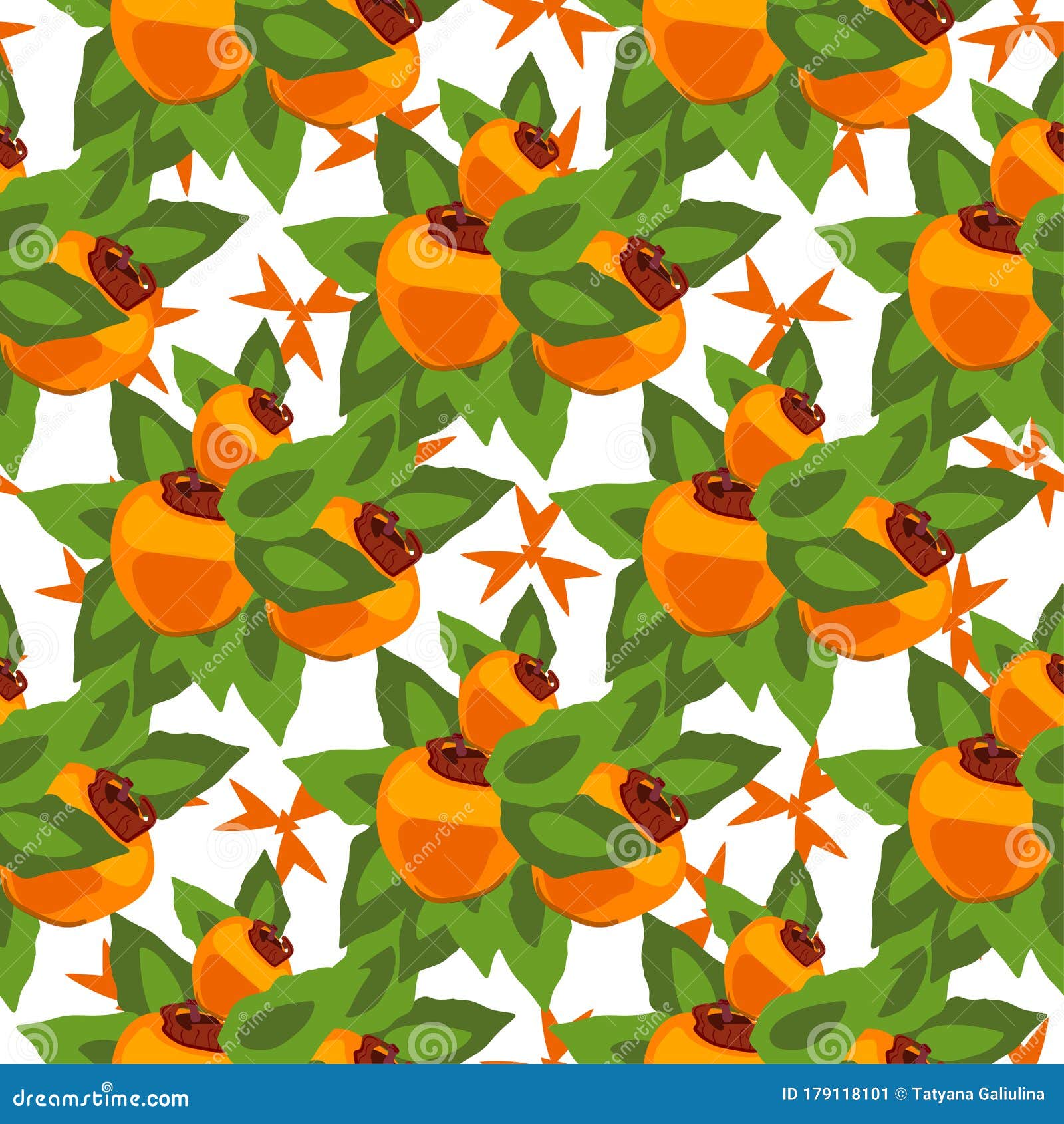 Persimmon with Leaves Seamless Pattern on a White Background with ...