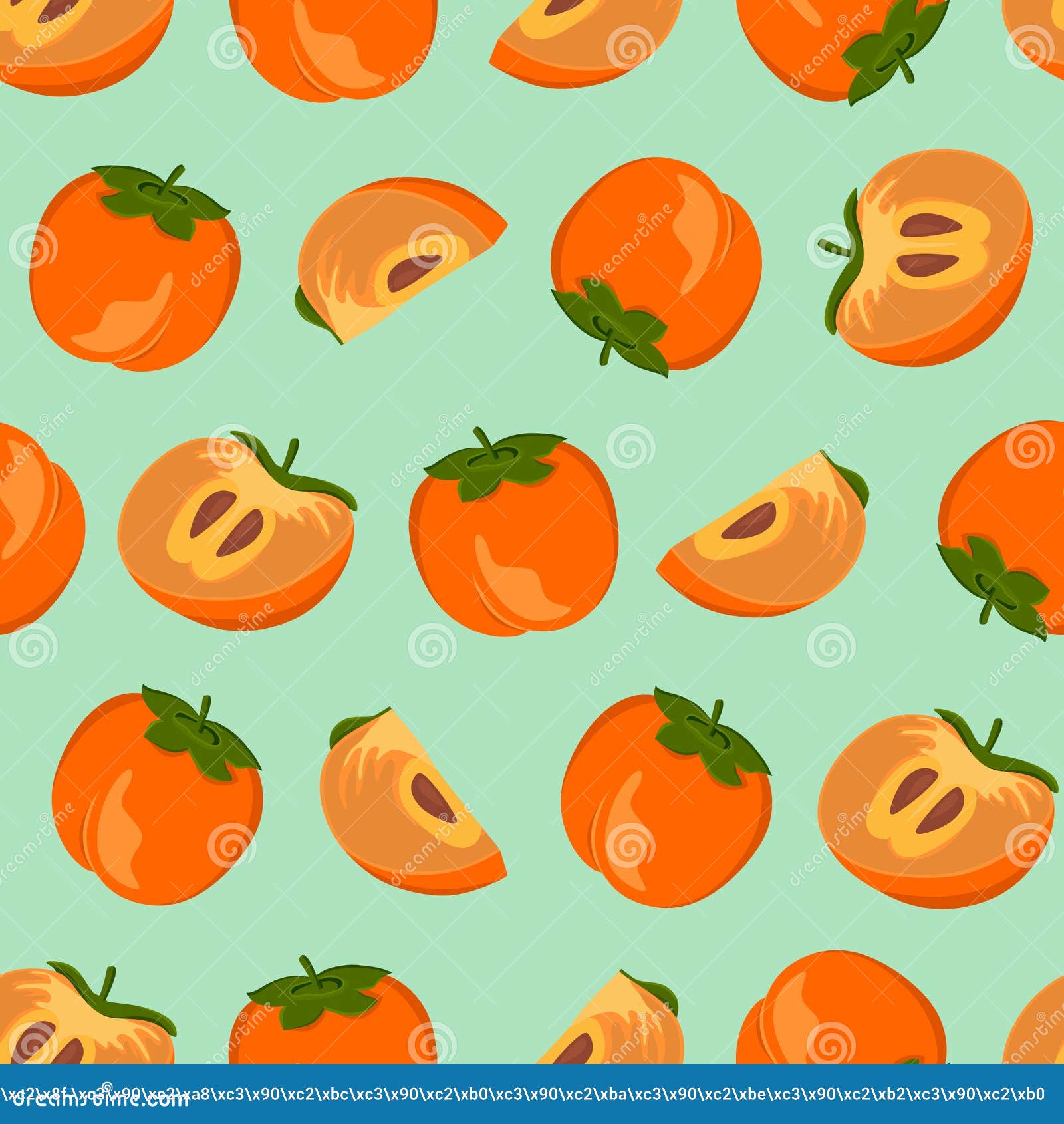 Persimmon Pattern Vector Illustration Isolated on a Green Background. a ...