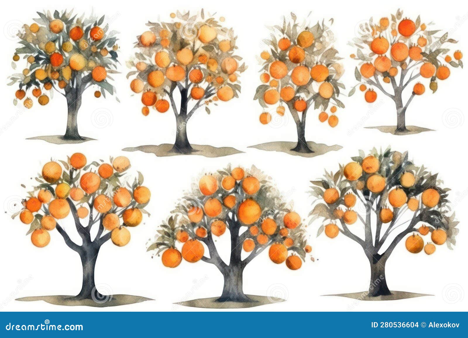 Persimmon Tree Forest Collection: Hand-Drawn Watercolor Trees . Stock ...