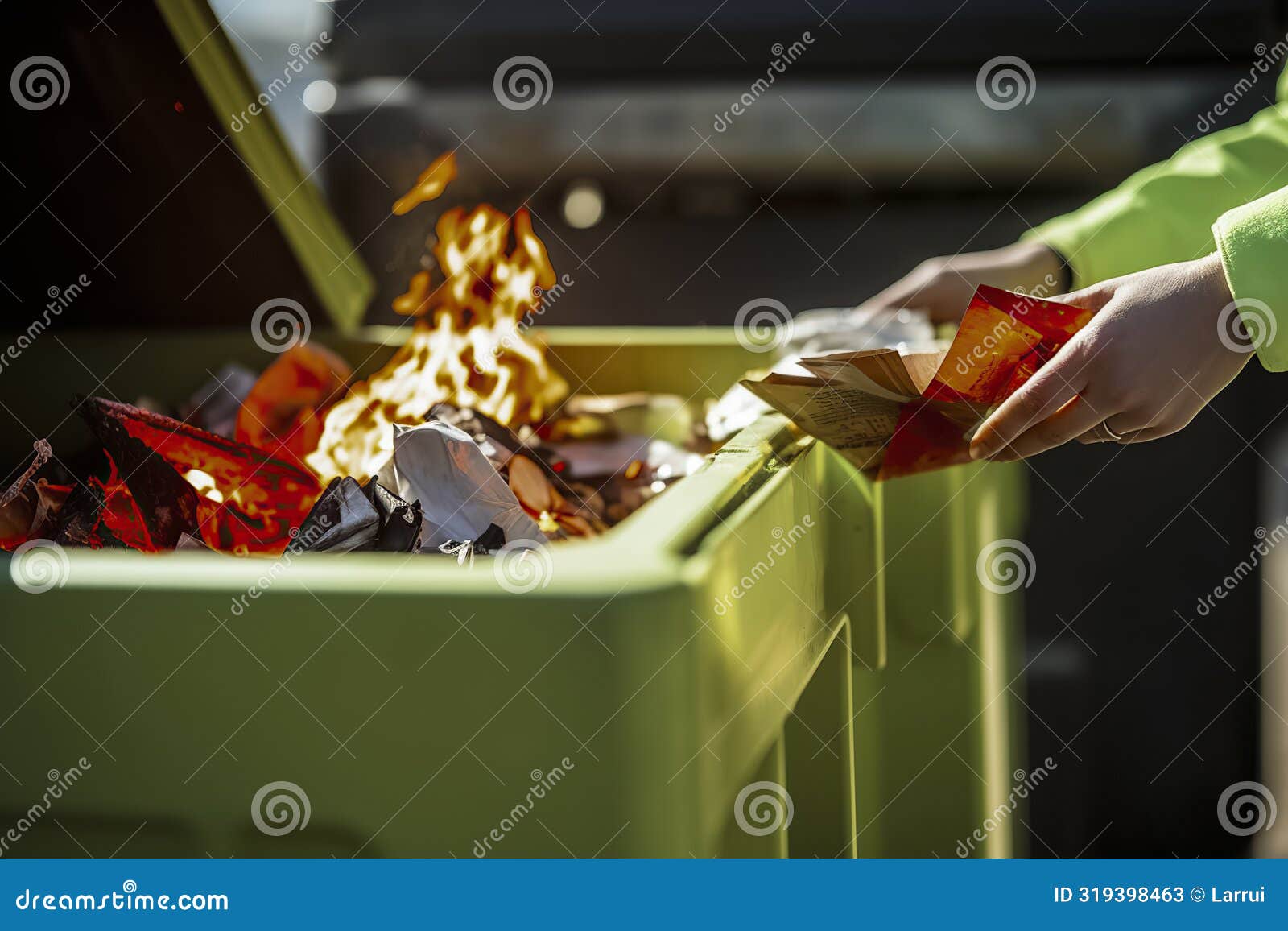 A Person Adding Paper To a Small Fire in a Green Dumpster, Highlighted ...