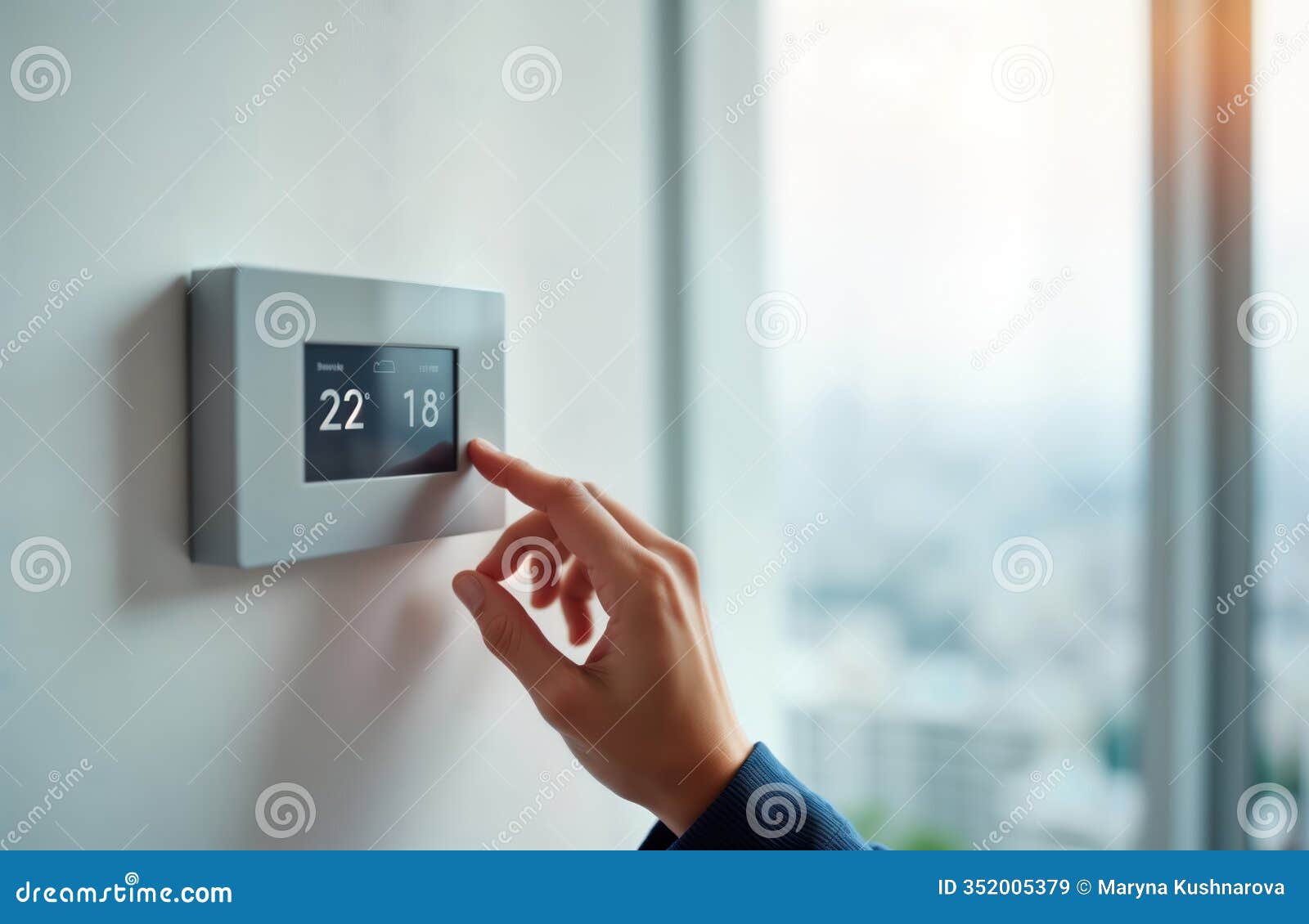 Person Adjusts Smart Thermostat on White Wall. Modern Tech Control ...