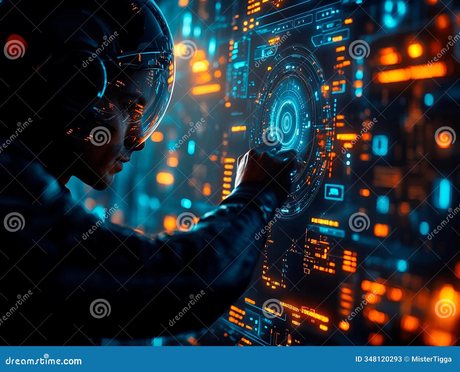 A Person in Advanced Tech Armor Interacting with a Control Panel or ...