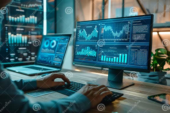 Person Analyzing Data on Multiple Computer Screens in a Modern Office ...