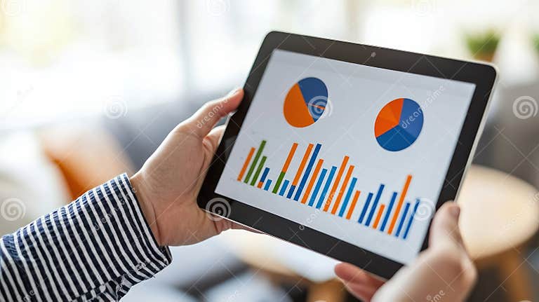 Person Analyzing Data on a Tablet with Colorful Graphs in a ...