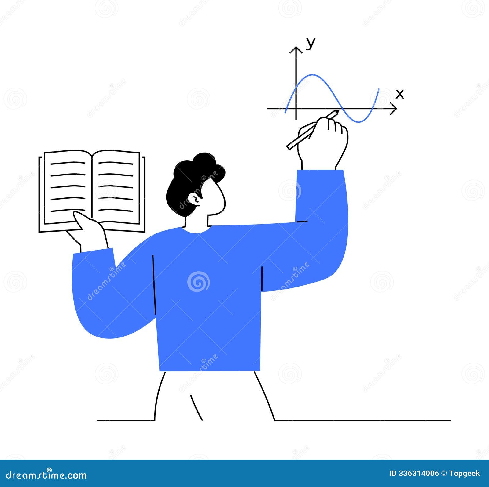 Person Analyzing Graph with Open Book in Hand, Drawing Sine Wave on X-Y ...