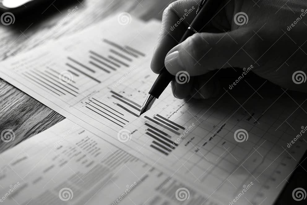 A Person Analyzing Graphs and Data on Paper. the Hand Holds a Pen ... A Person Analyzing Graphs and Data on Paper. the Hand Holds a Pen ...